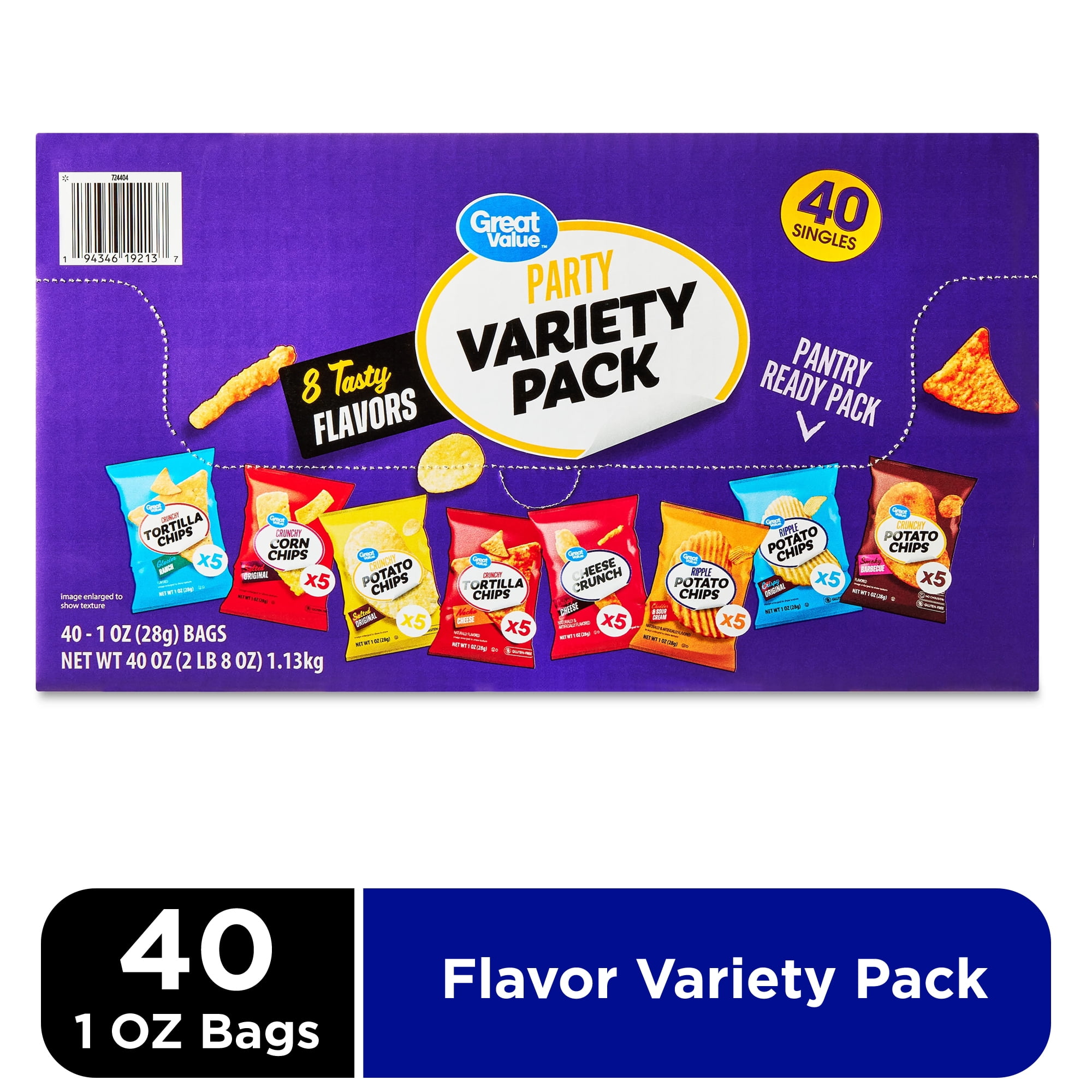 Great Value Party Snack Chips Variety Pack 40 Count 1 oz Bags for ...