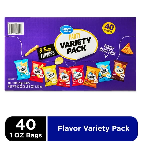 Great Value Party Snack Chips Variety Pack 40 Count 1 oz Bags for ...