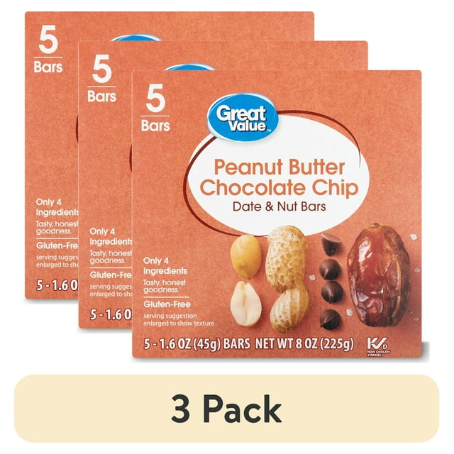 (3 pack) Great Value Peanut Butter Chocolate Chip Date & Nut Bars, 8 oz ...