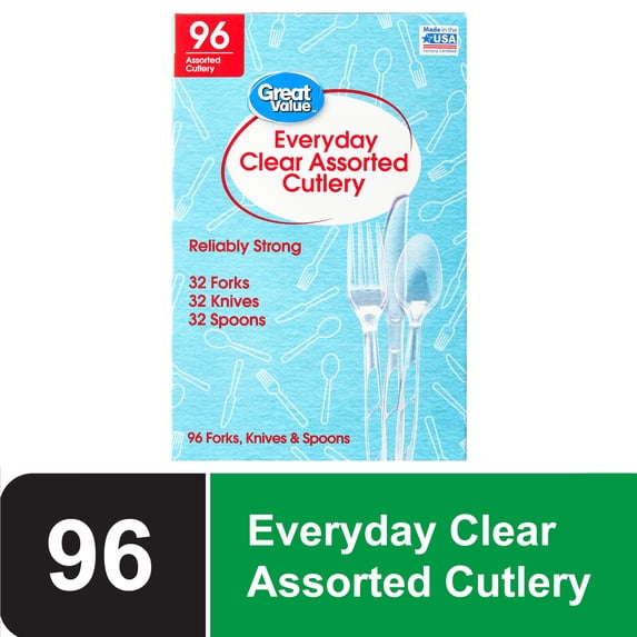 Great Value Plastic Clear Assorted Cutlery 96 Count Forks Knives Spoons ...