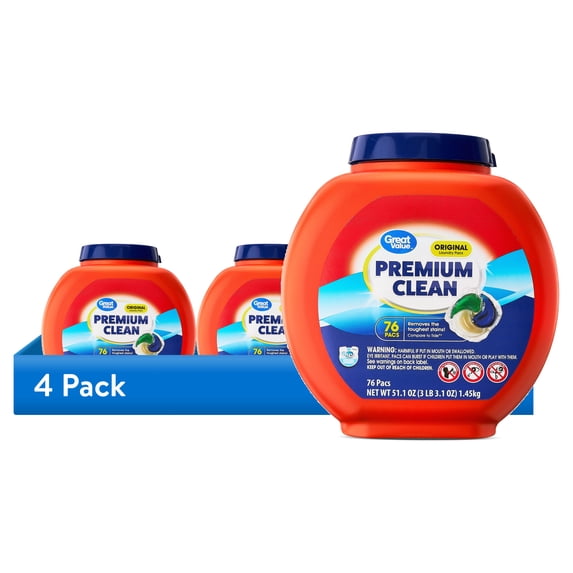 (4 pack) Great Value Premium Clean Laundry Pacs, Original Scent, 76 ...