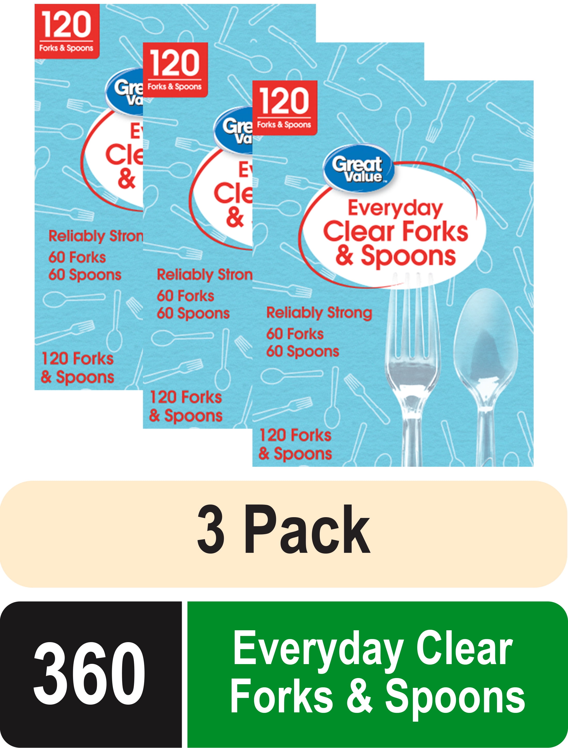 (3 pack) Great Value Plastic Everyday Clear Fork and Spoon Combo, 120 Count - Walmart.com