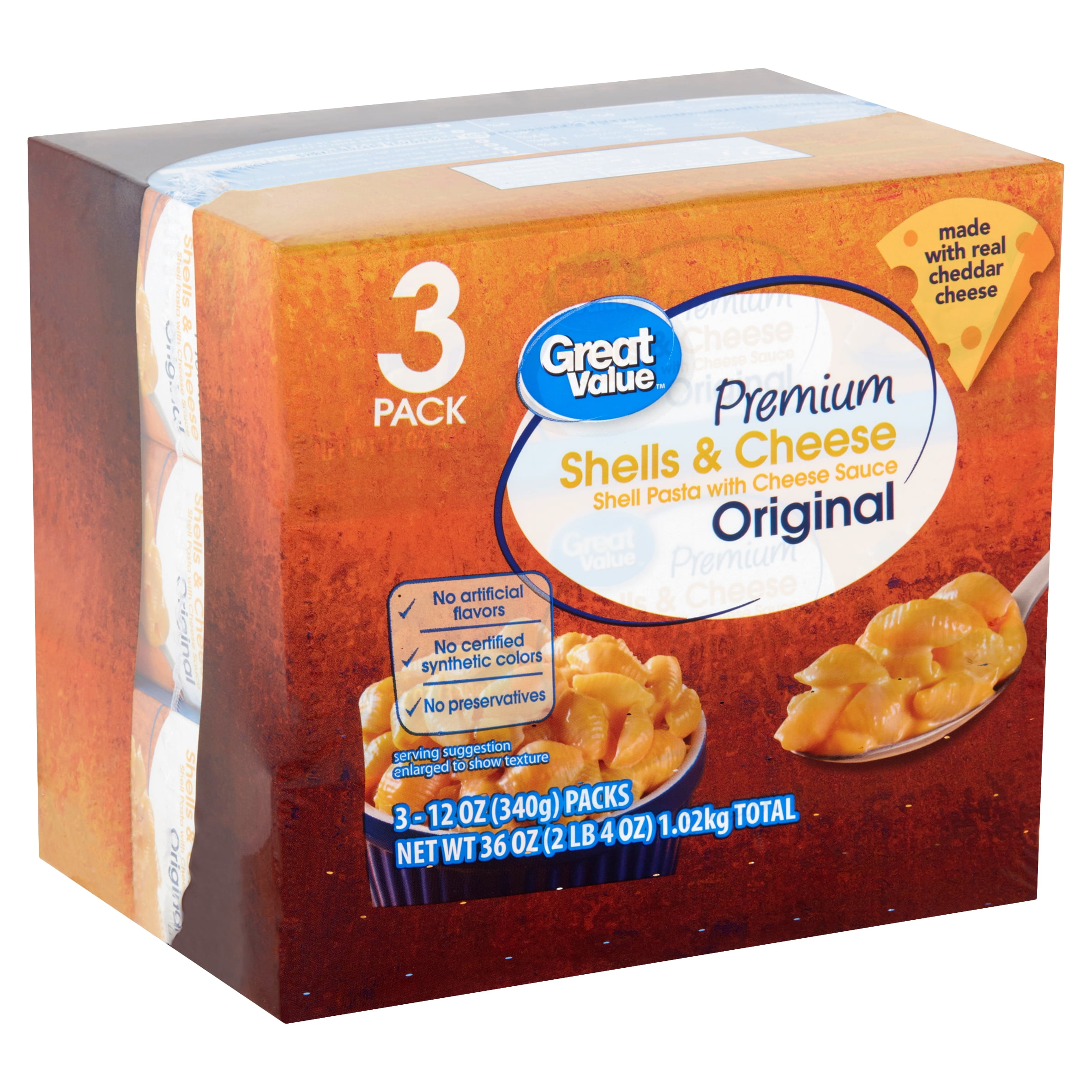 Great Value Premium Original Shells & Cheese, 12 oz, 3 Pack Shelf ...