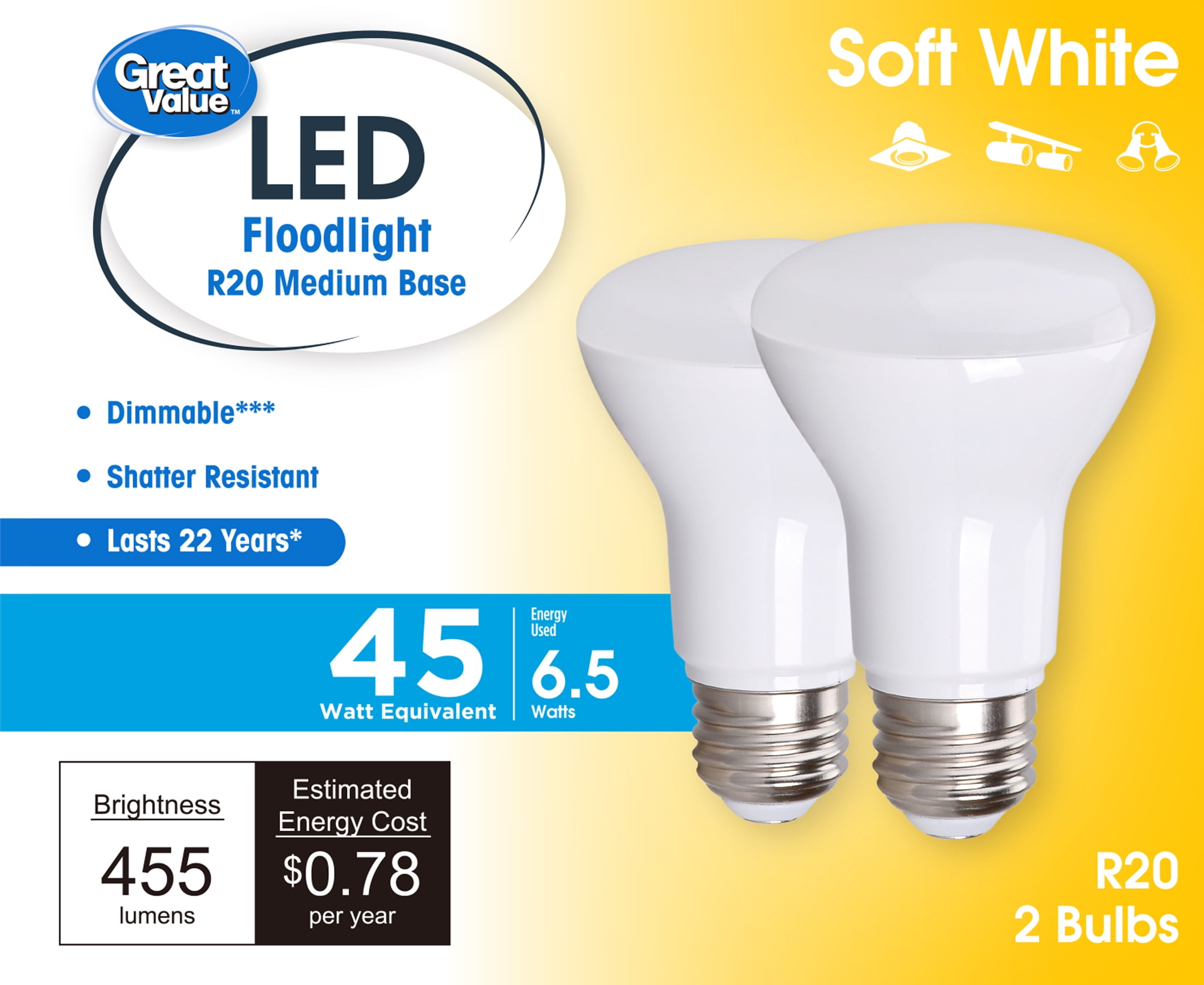 Great Value R20 LED Floodlight Bulb 6.5W Soft White Dimmable E26 Indoor ...