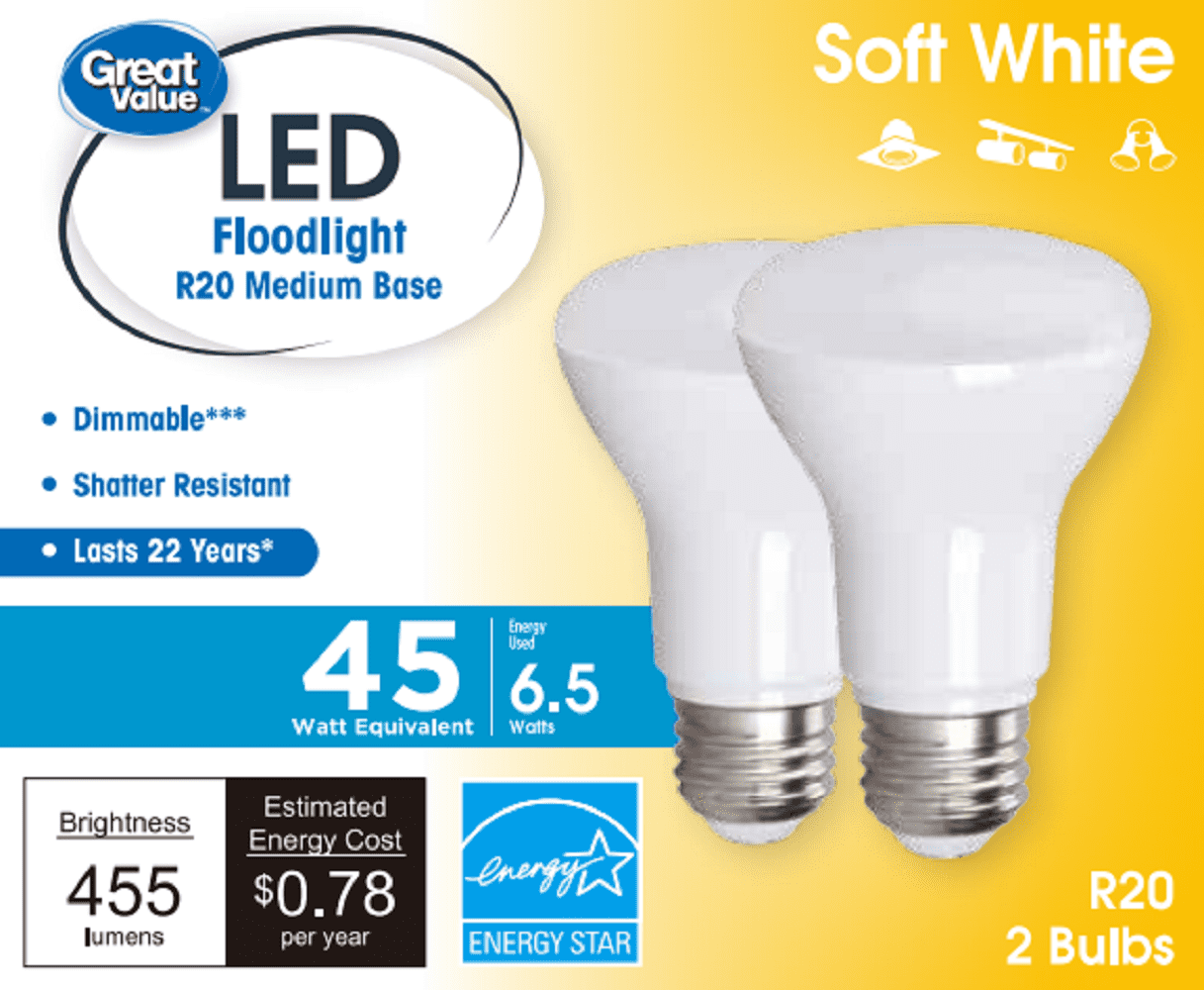 Great Value R20 LED Floodlight Bulb, 6.5 Watts (45W Replacement) Soft ...