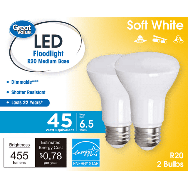 Great Value R20 LED Floodlight Bulb, 6.5 Watts (45W Replacement) Soft ...