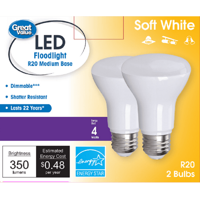 Great Value R20 LED Indoor Floodlight Bulb, 4-Watt (30W Equiv) E26 ...