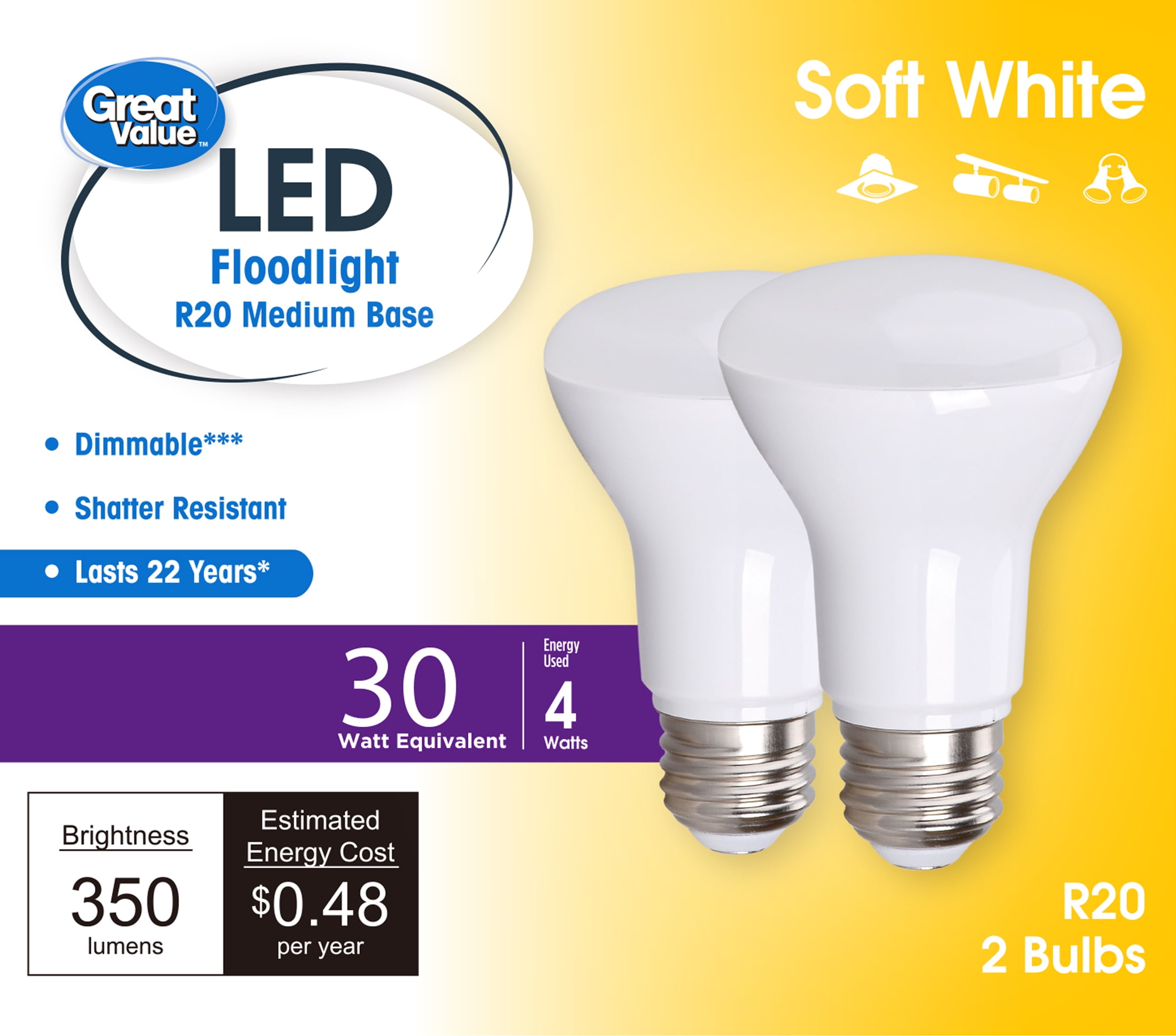 Great Value R20 LED Indoor Floodlight Bulb, 4-Watt (30W Equiv) E26 ...
