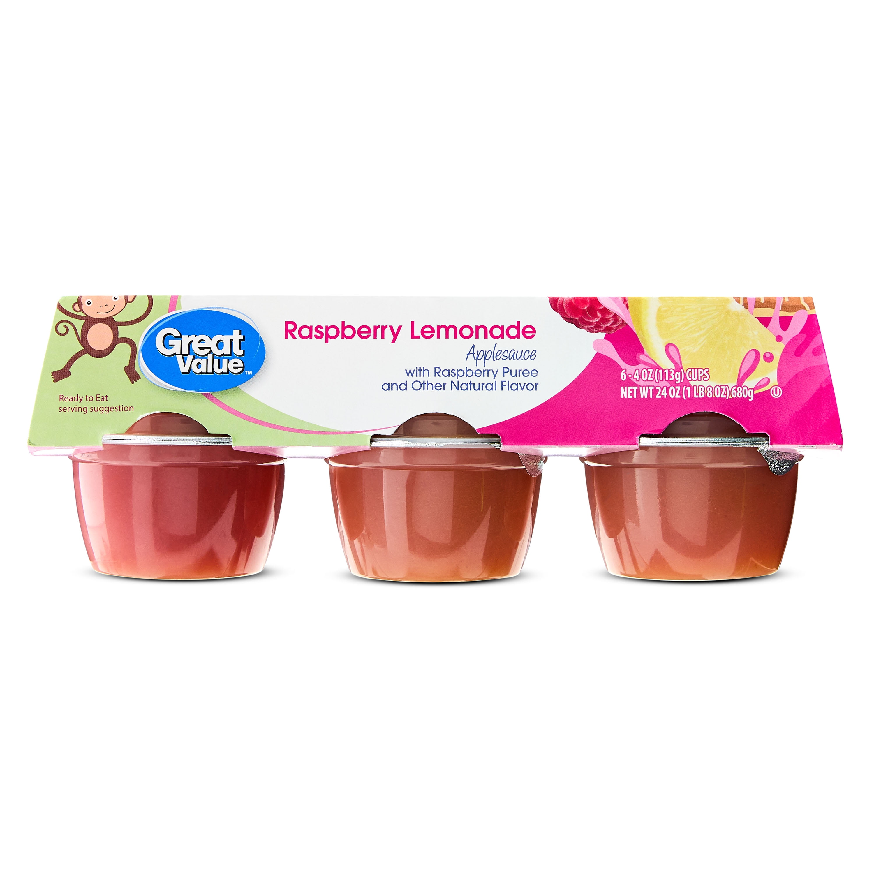 Great Value Raspberry Lemonade Applesauce 4oz, 6 count Gluten-Free ...