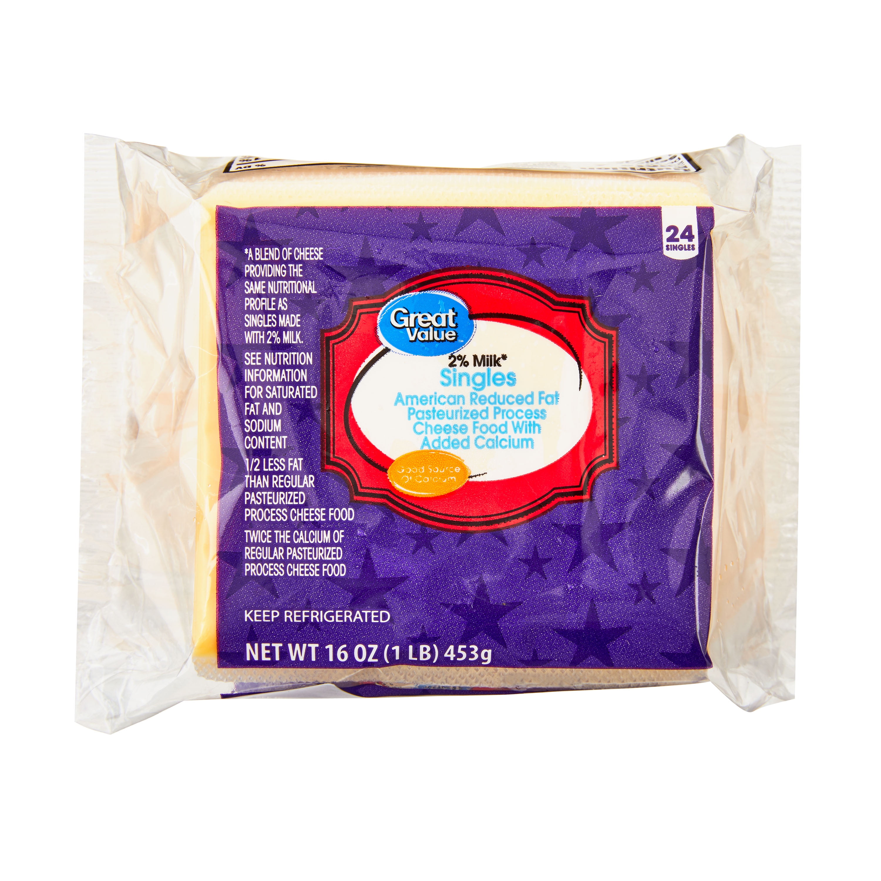Great Value Reduced Fat American Cheese Singles, 16 oz, 24 Slices ...