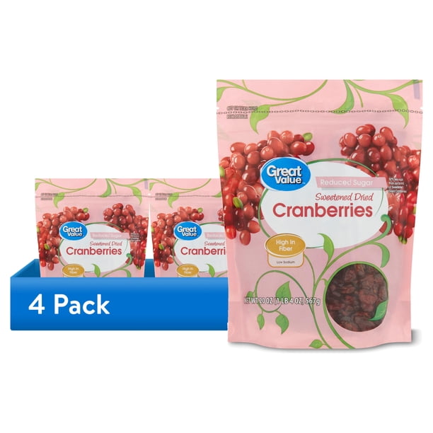 (4 pack) Great Value Reduced Sugar Sweetened Dried Cranberries, 20 oz ...