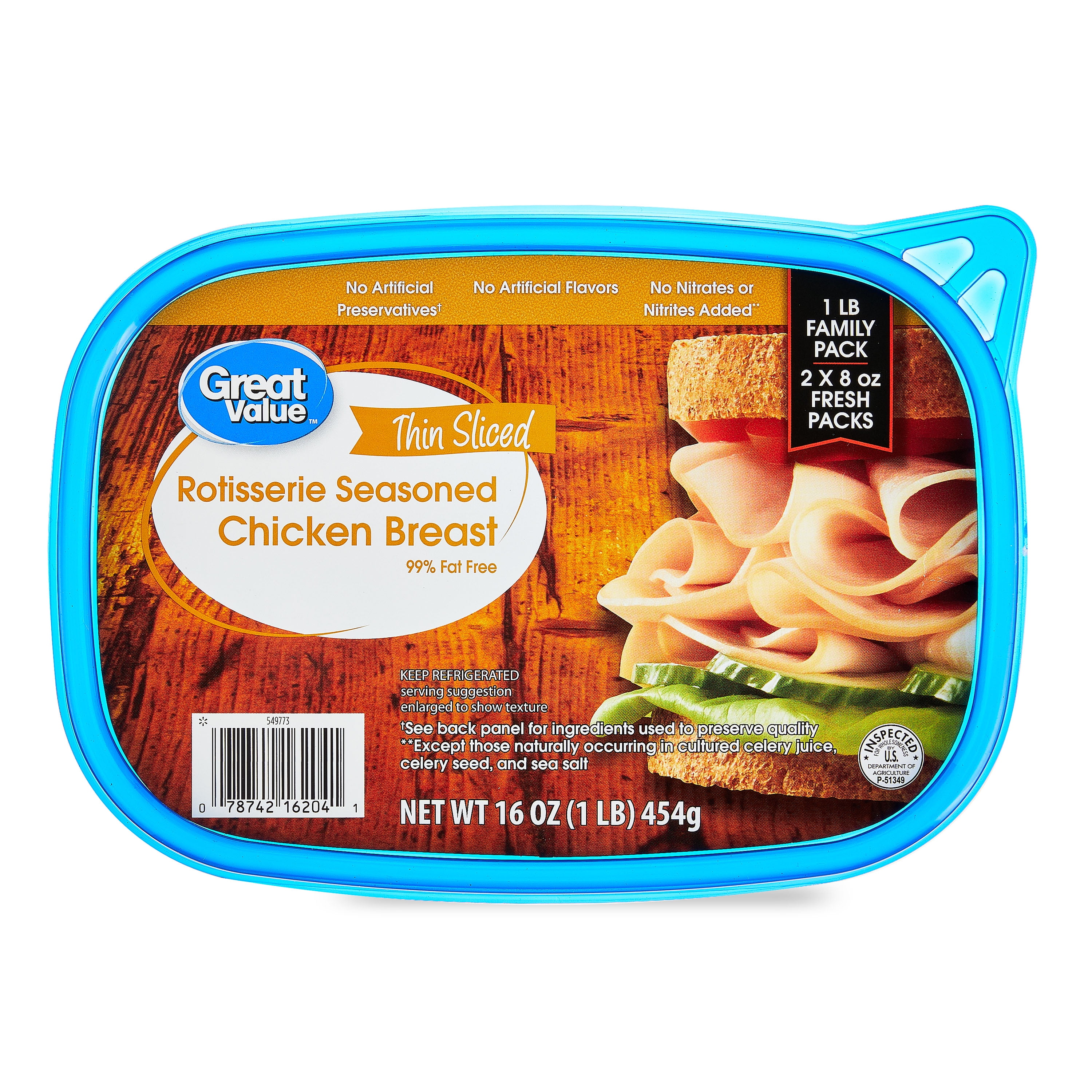 Great Value Rotisserie Chicken Lunchmeat, 16 oz Plastic Tub, 10g of ...