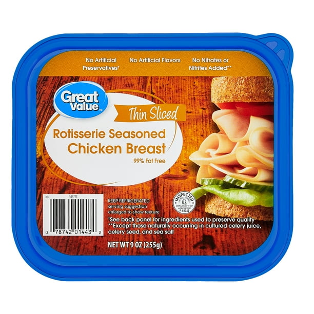 Great Value Rotisserie Chicken Lunchmeat, 9 oz Plastic Tub, 10g of ...