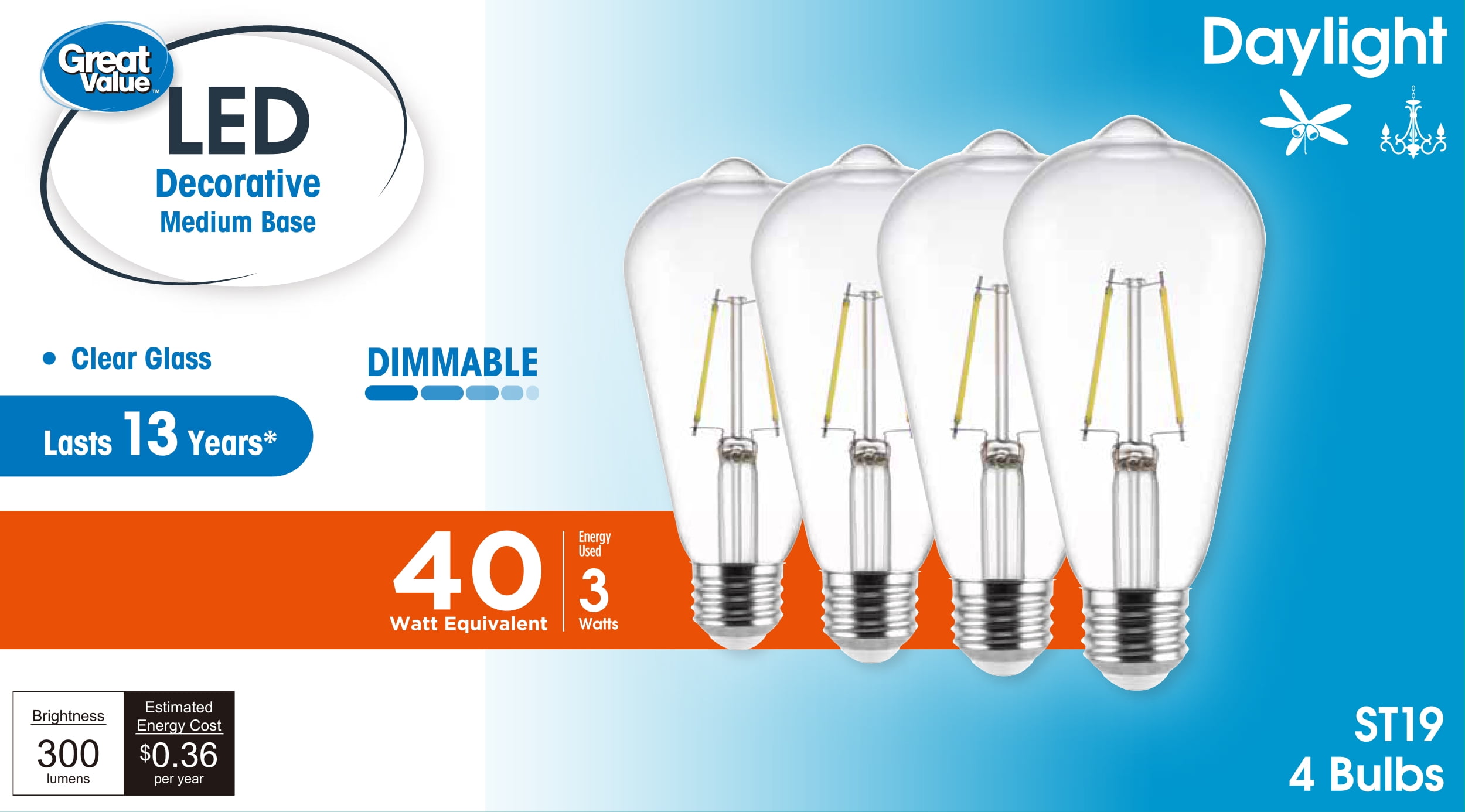 Great Value ST19 Vintage LED Light Bulb, 3-Watt (40W Equivalent), Daylight, Dimmable, E26, 4 ...