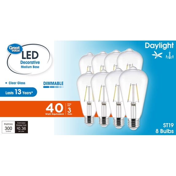 Great Value ST19 Vintage LED Light Bulbs, 3W 40W Equivalent, Dimmable ...