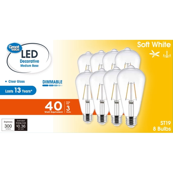 Great Value ST19 Vintage LED Light Bulb, 3W 40W Equivalent, Soft White ...