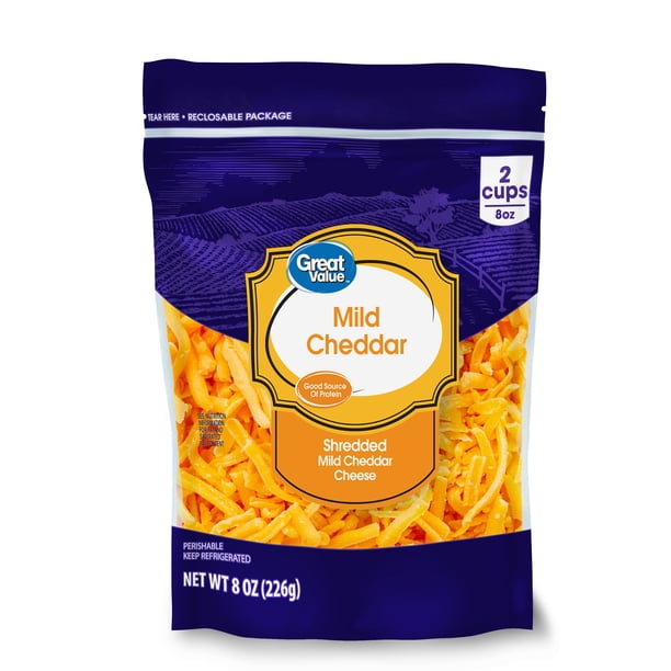 Great Value Shredded Mild Cheddar Cheese, 8 oz Bag (Plastic Packaging ...