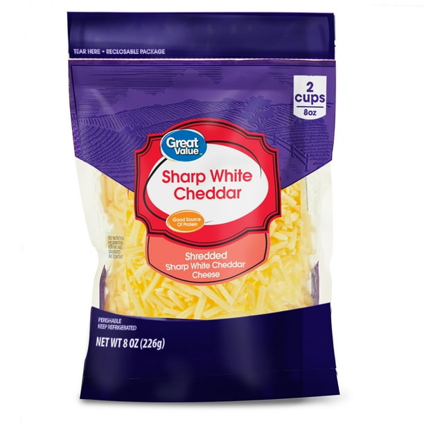 Great Value Shredded Sharp White Cheddar Cheese, 8 oz - Walmart ...