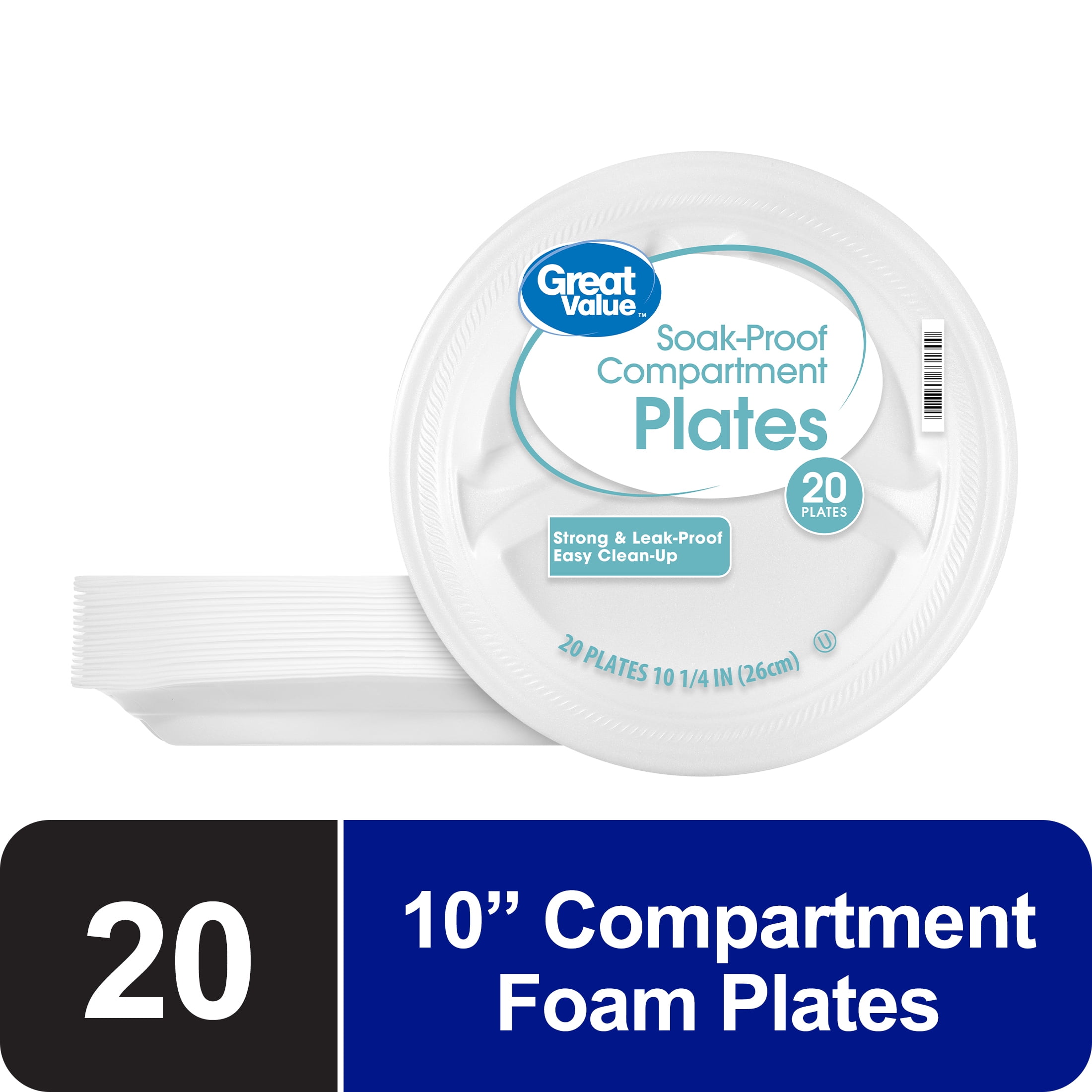 Great Value Soak-Proof Disposable Foam Compartment Plates, 10", 20 ...