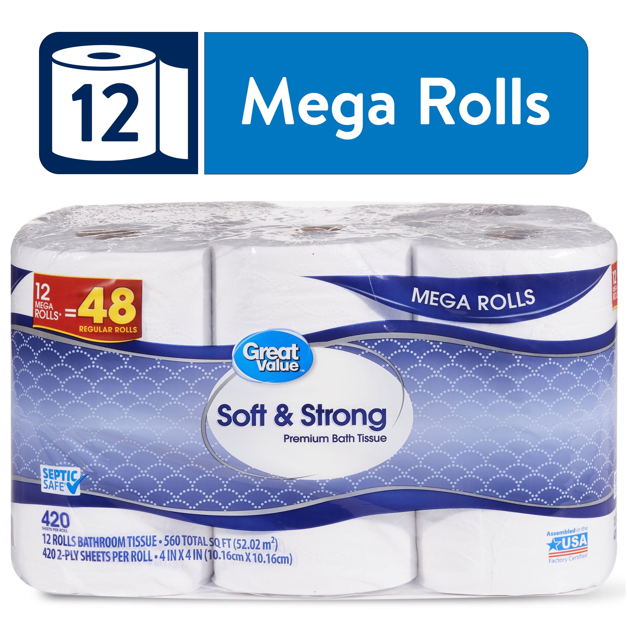 Great Value Toilet Paper, Soft & Strong Premium 12 Mega Rolls with 420 ...