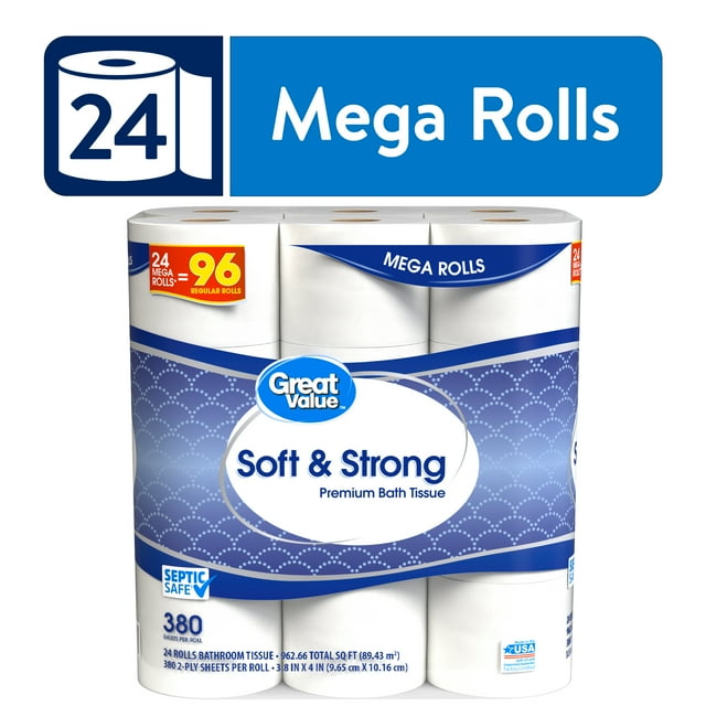 Great Value Soft & Strong Premium Toilet Paper, 24 Mega Rolls, 380 Sheets per Roll - Walmart.com