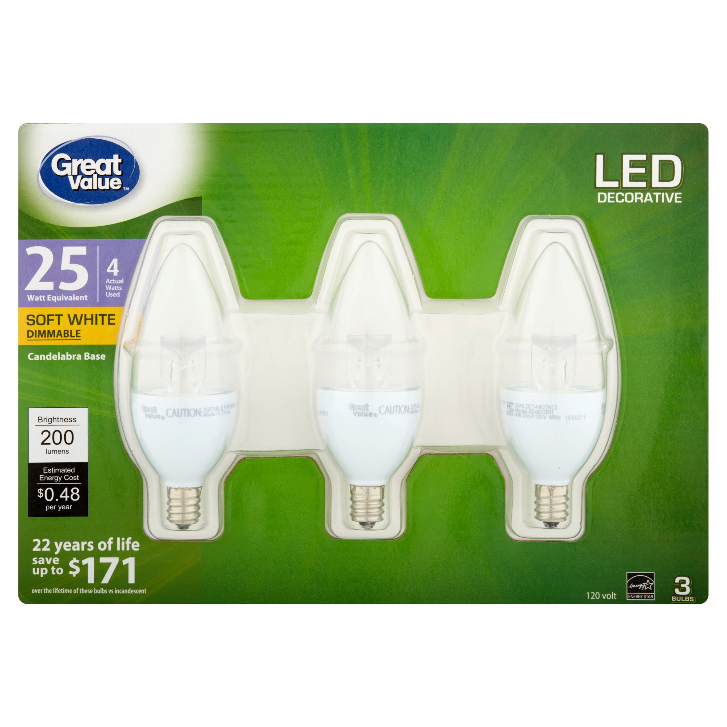 Great Value Soft White Candelabra Base LED Decorative 4 Watts Bulbs, 3 ...