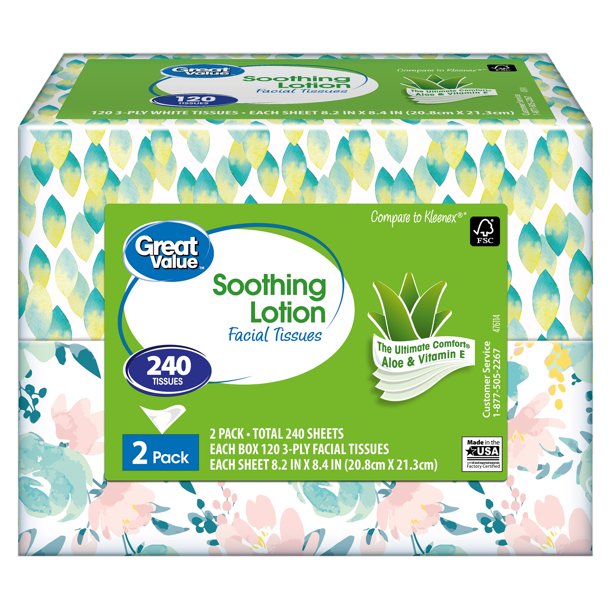 Great Value Soothing Lotion 3-Ply Flat Box Facial Tissues, 2 Pack (240 ...