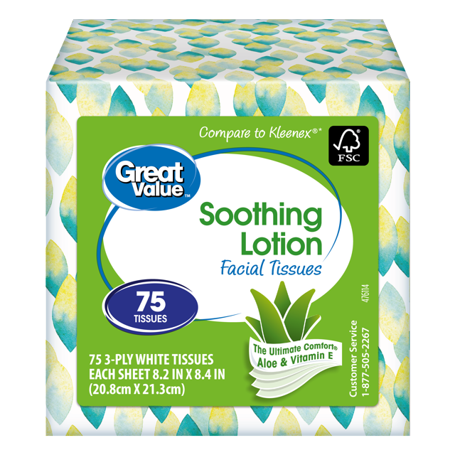 Great Value Soothing Lotion Facial Tissues, 3-Ply, 1 Cube Carton (75 ...