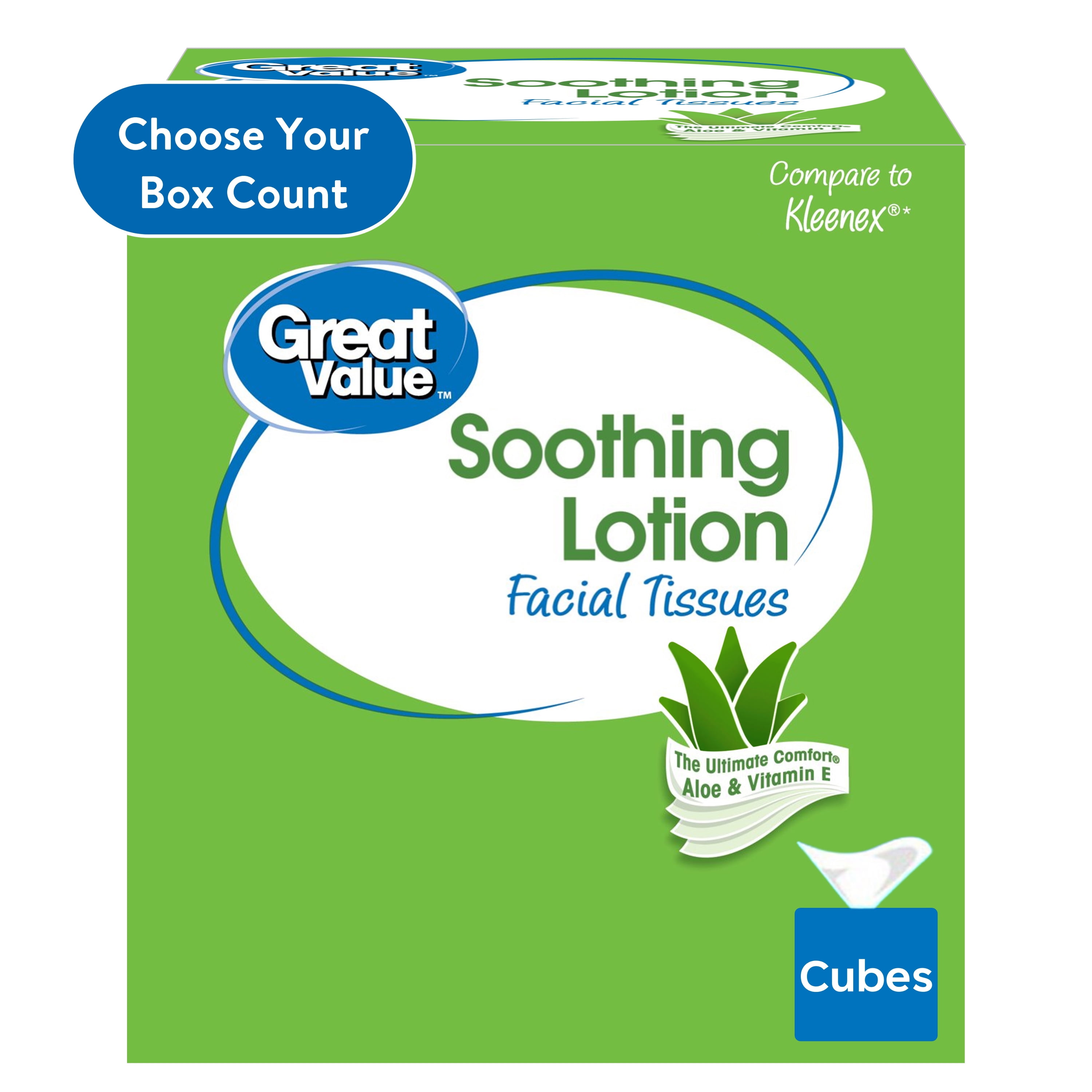 Great Value Soothing Lotion Facial Tissues, 3-Ply, 1 Cube Carton (75 ...