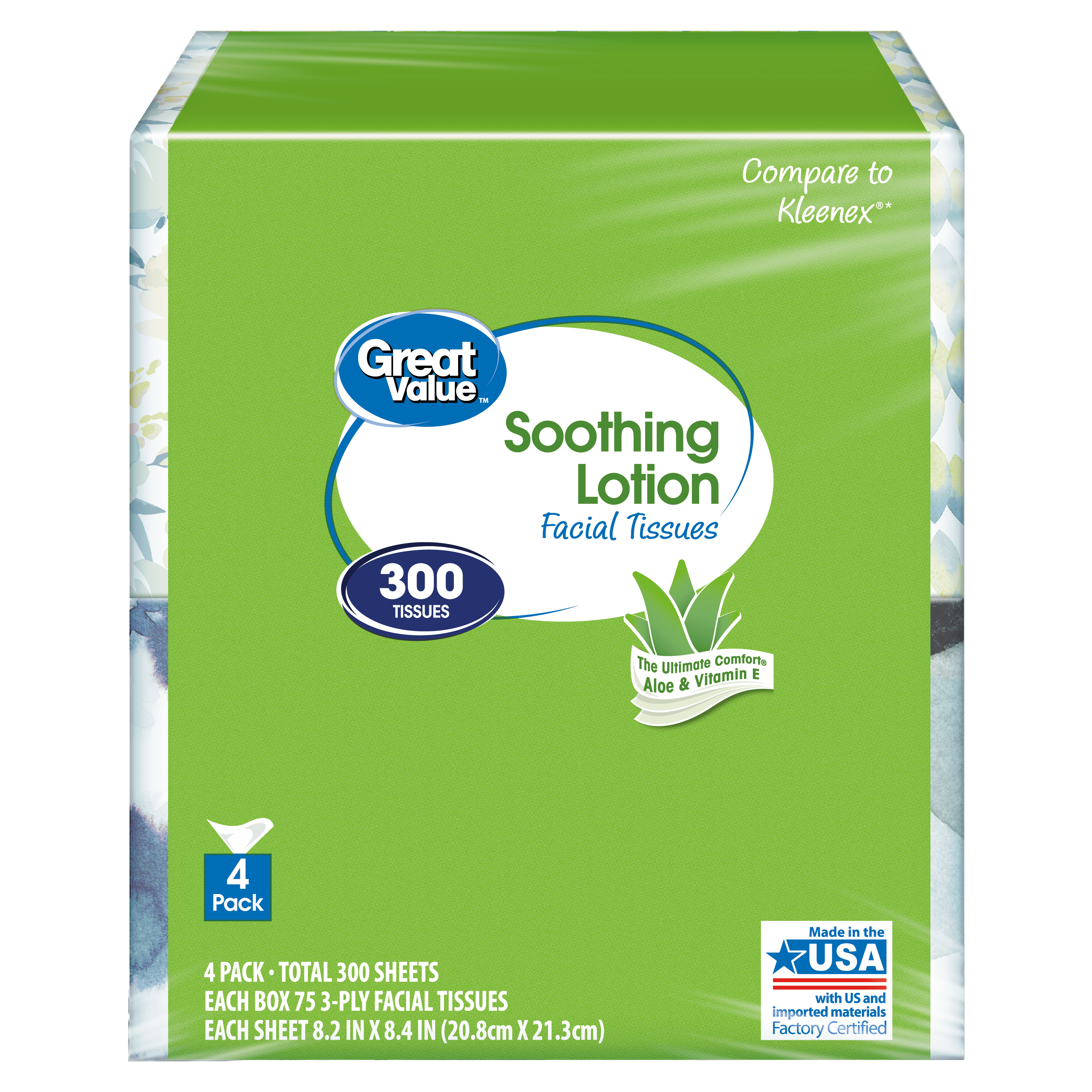 Great Value Soothing Lotion Facial Tissues, 3-Ply, 4 Cube Cartons, (300 ...