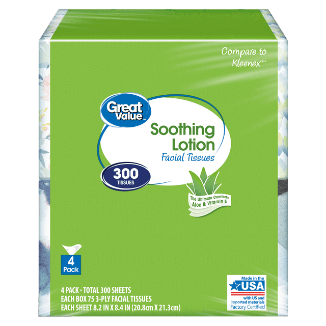 Great Value Soothing Lotion Facial Tissues, 3-Ply, 4 Cube Cartons, (300 ...