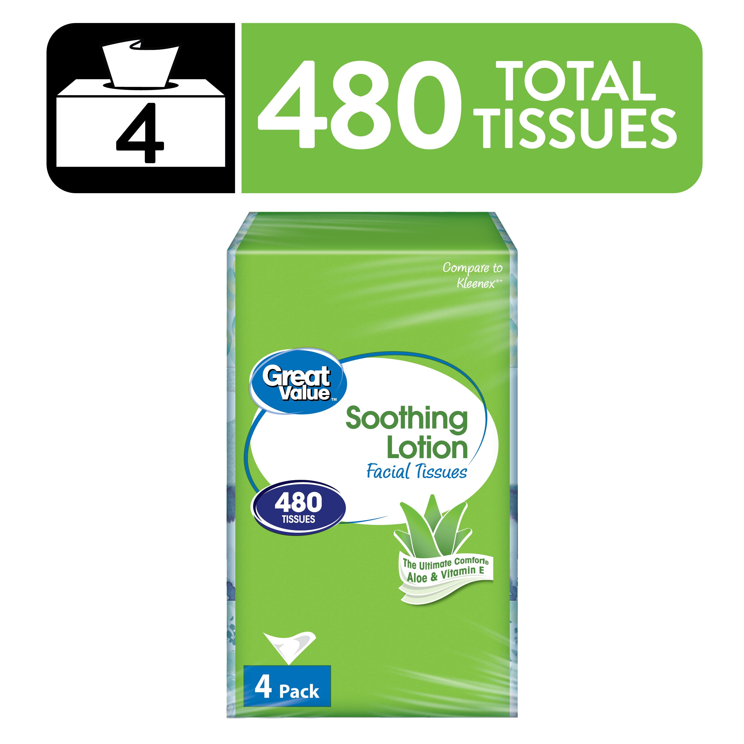 Great Value Soothing Lotion Facial Tissues, 3-Ply Flat Box, 120 Tissues ...