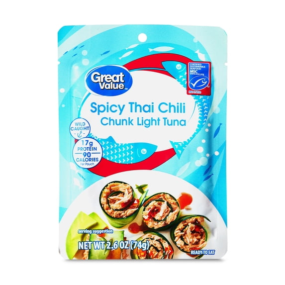 Great Value Spicy Thai Chili Chunk Light Tuna, 2.6 oz pouch, wild ...