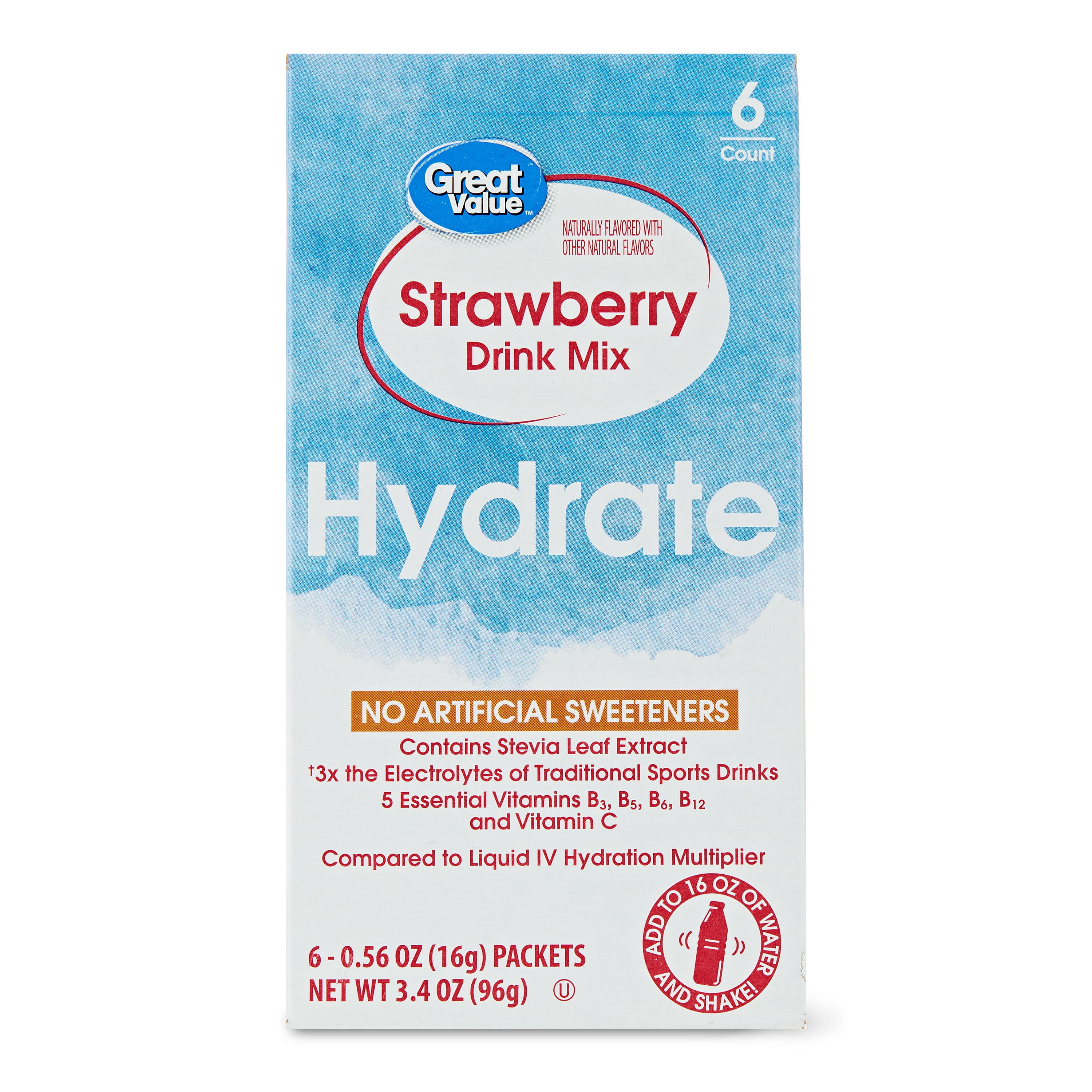 Great Value Strawberry Hydration Powdered Liquid Drink Mix, 0.56 oz, 6 ...