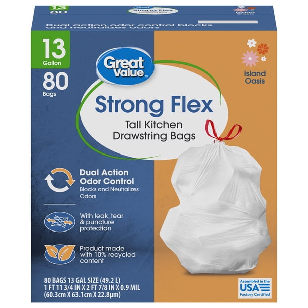 Great Value Strong Flex 13-Gallon Drawstring Tall Kitchen Bags, Island ...