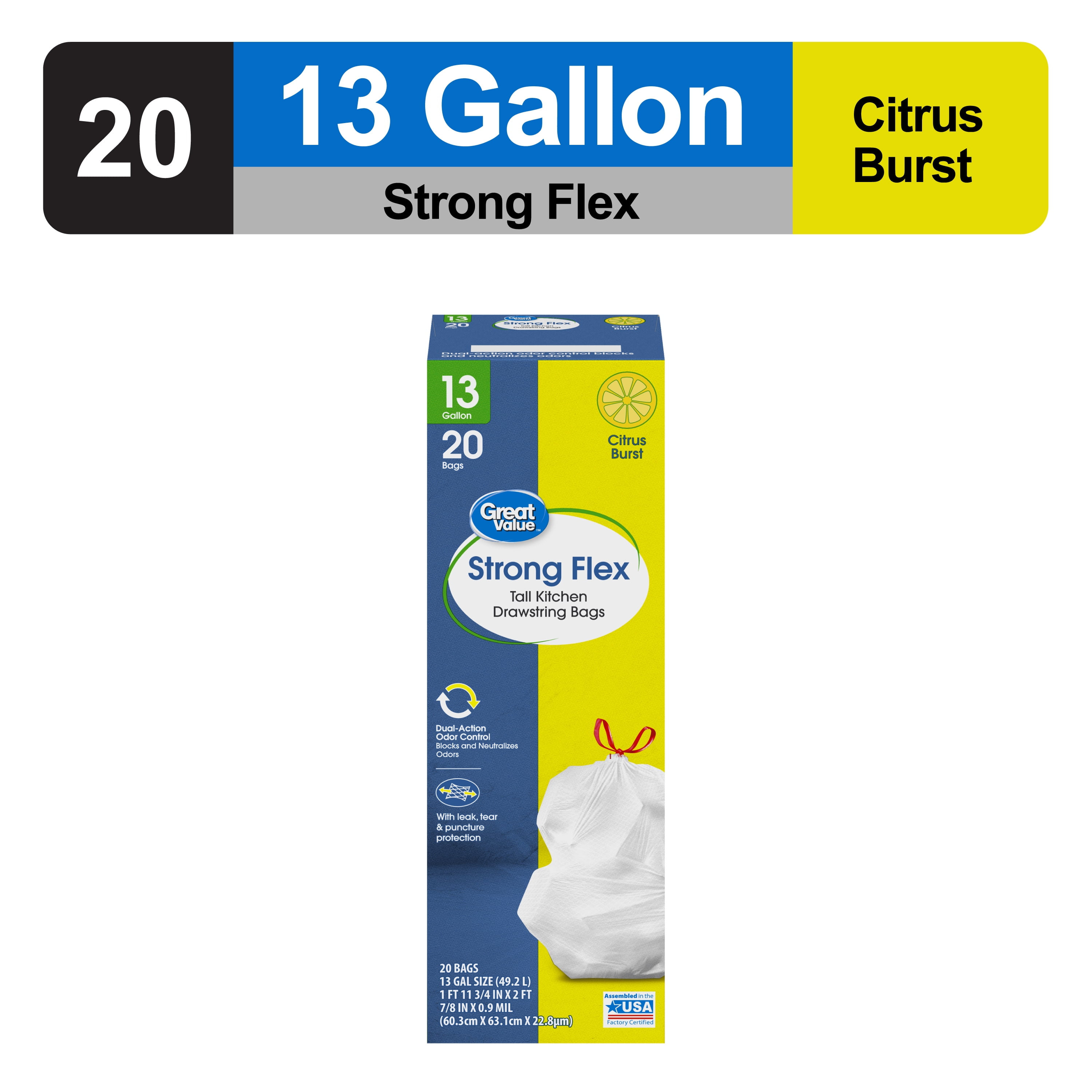 Great Value Strong Flex 13-Gallon Drawstring Tall Kitchen Trash Bags ...