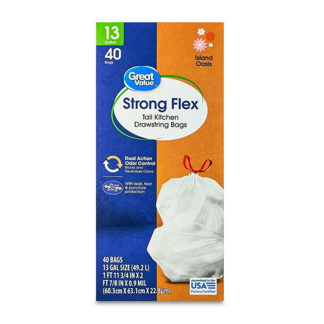 Great Value Strong Flex 13-Gallon Drawstring Tall Kitchen Trash Bags ...