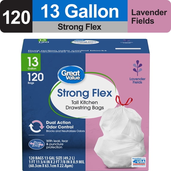 Great Value Strong Flex 13-Gallon Drawstring Tall Kitchen Trash Bags ...