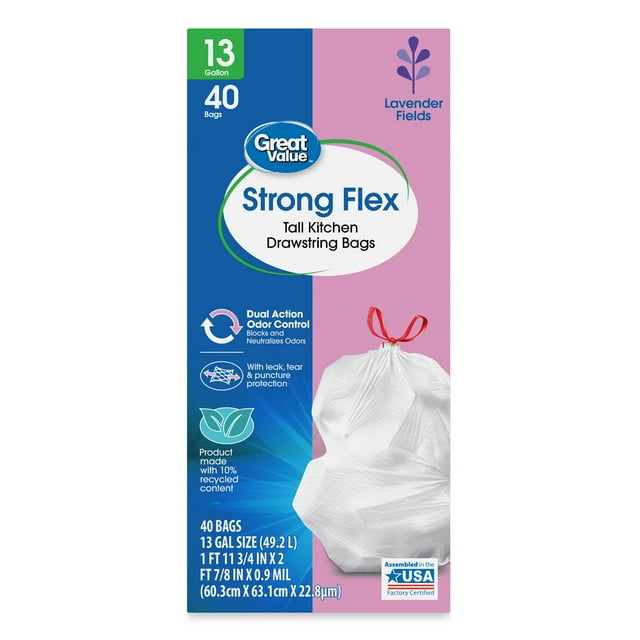 Great Value Strong Flex 13-Gallon Drawstring Tall Kitchen Trash Bags ...