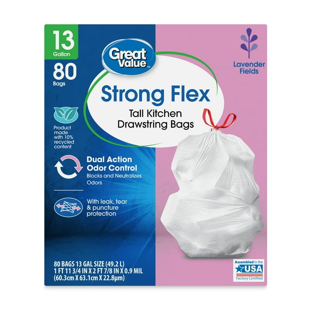Great Value Strong Flex 13-Gallon Drawstring Tall Kitchen Trash Bags ...