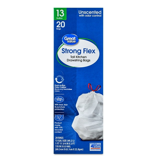 Great Value Strong Flex 13-Gallon Tall Kitchen Trash Bags, 20 Bags ...