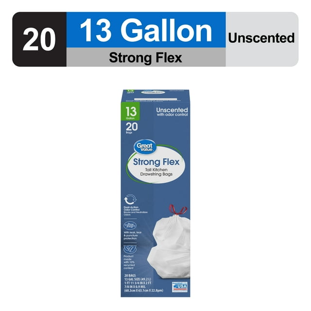 Great Value Strong Flex 13-Gallon Tall Kitchen Trash Bags, 20 Bags ...