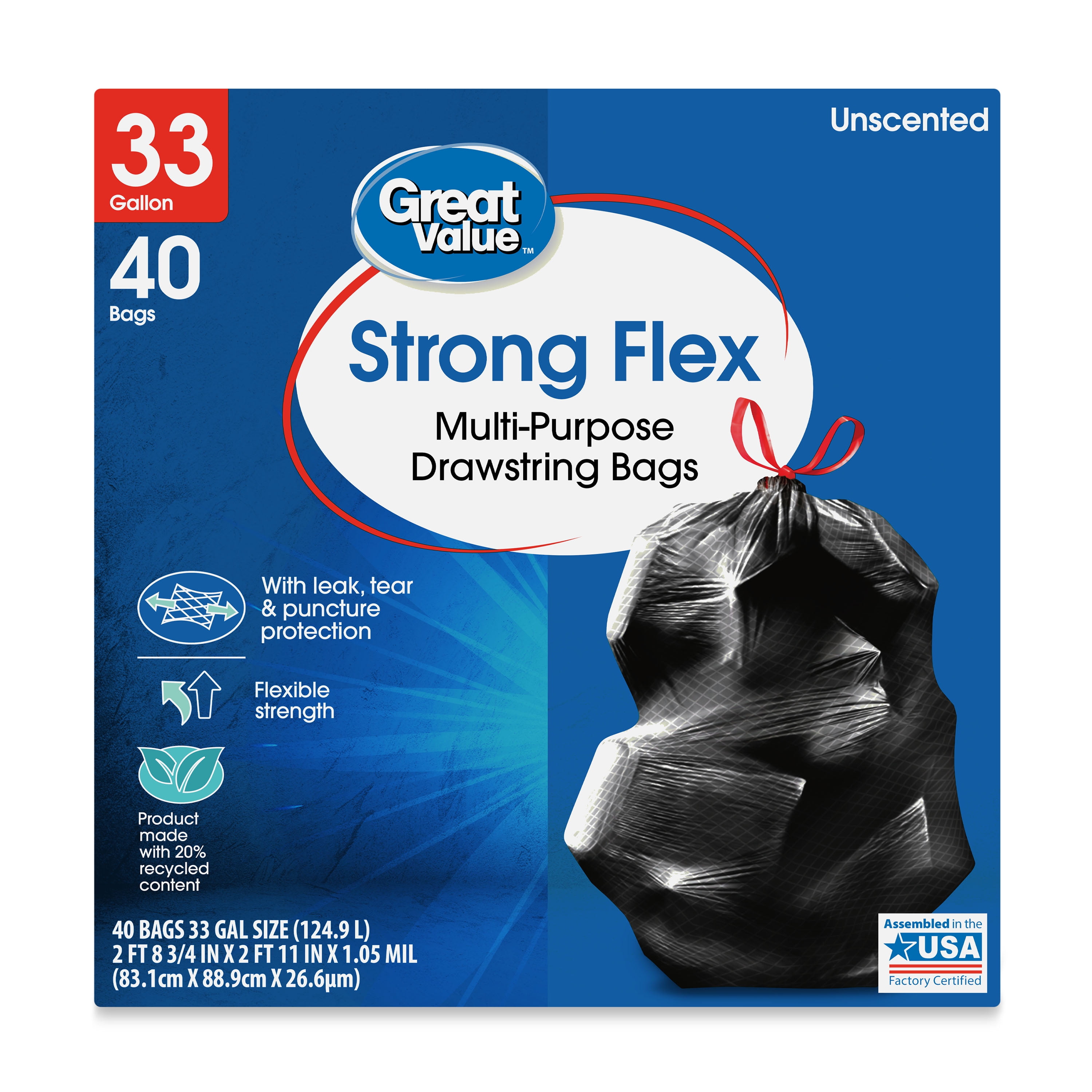 Great Value Strong Flex 33-Gallon Drawstring Multi-Purpose Trash Bags ...