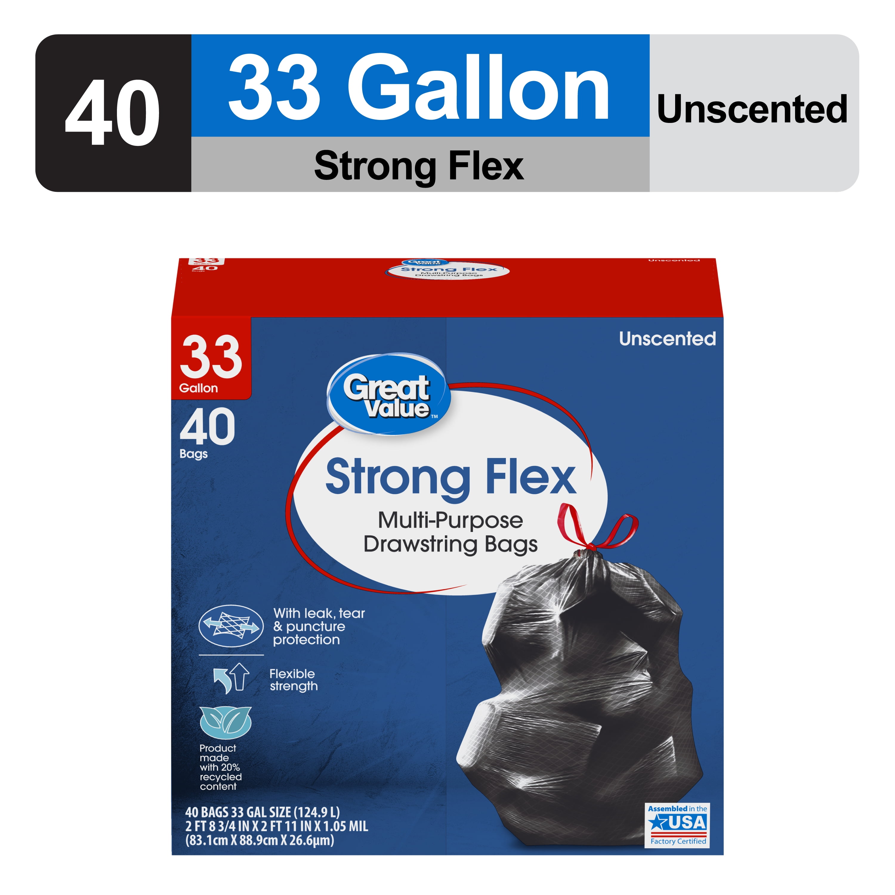 Great Value Strong Flex 33-Gallon Drawstring Multi-Purpose Trash Bags ...