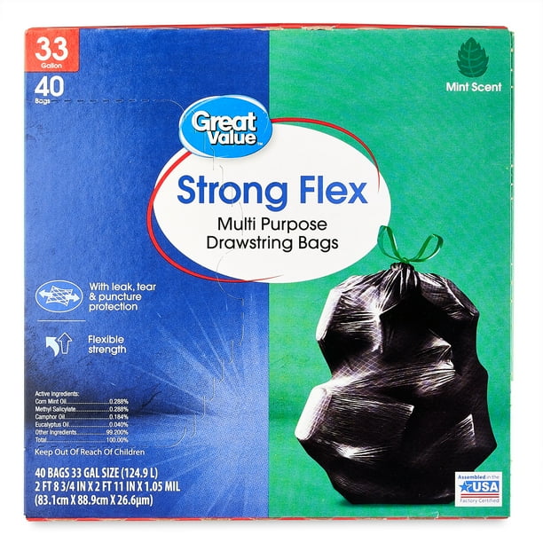 Great Value Strong Flex Multi-Purpose Drawstring Bags, 33 Gallon, Mint ...