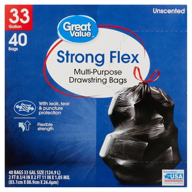 Great Value Strong Flex Multi-Purpose Drawstring Bags, 33 Gallon ...