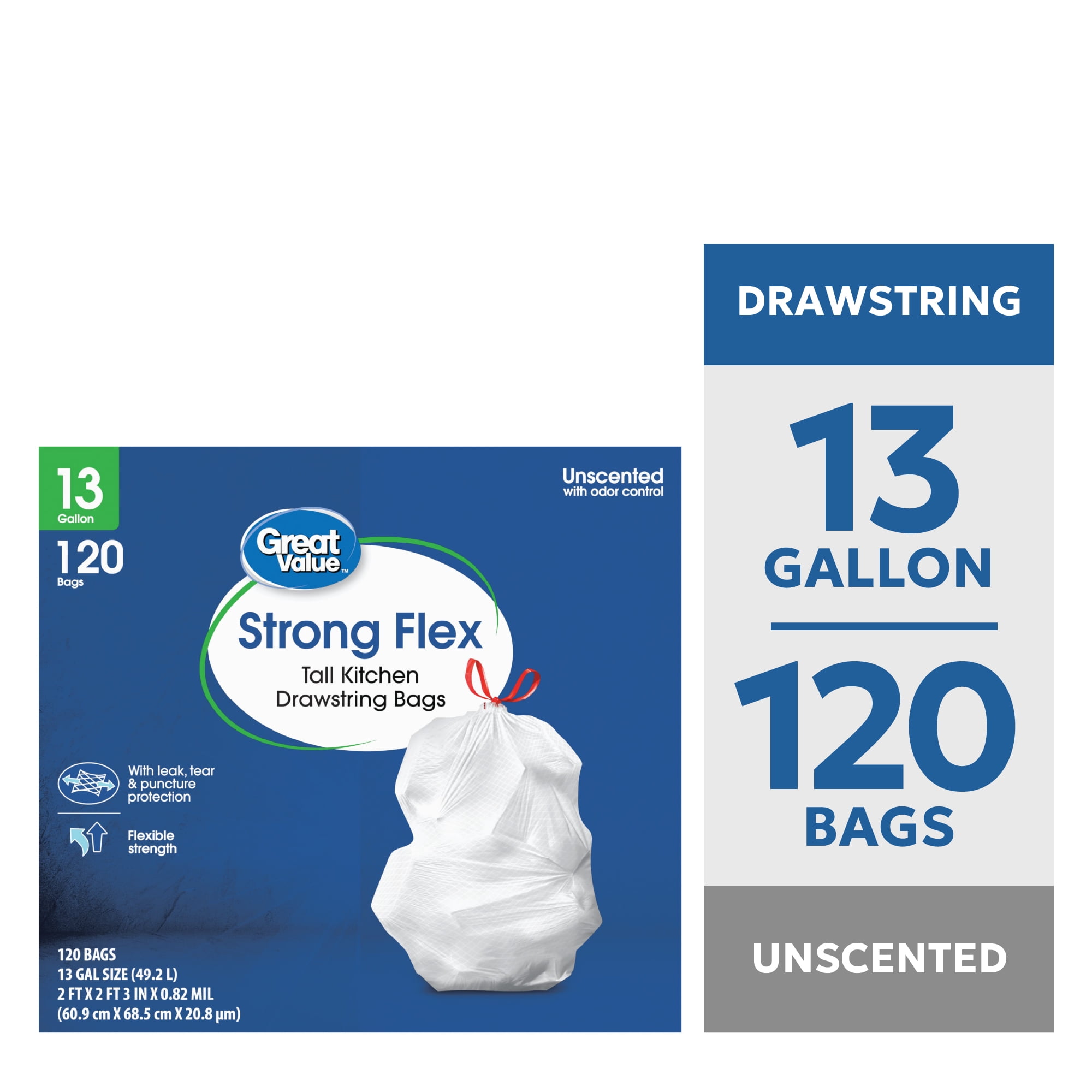 Great Value 13 Gallon Strong Flex Tall Kitchen Drawstring Bags, 120 ...