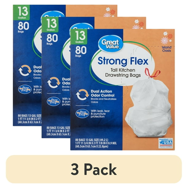(3 pack) Great Value Strong Flex Tall Kitchen Drawstring Bags, Island ...