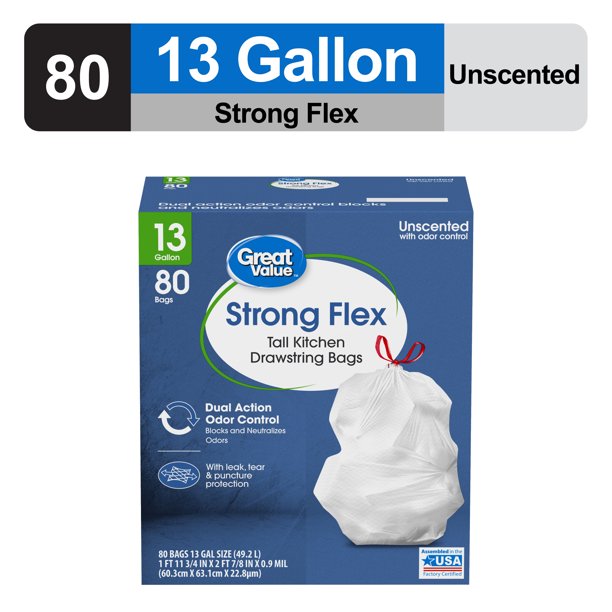 Great Value Strong Flex Tall Kitchen Drawstring Bags, Unscented, 13 ...