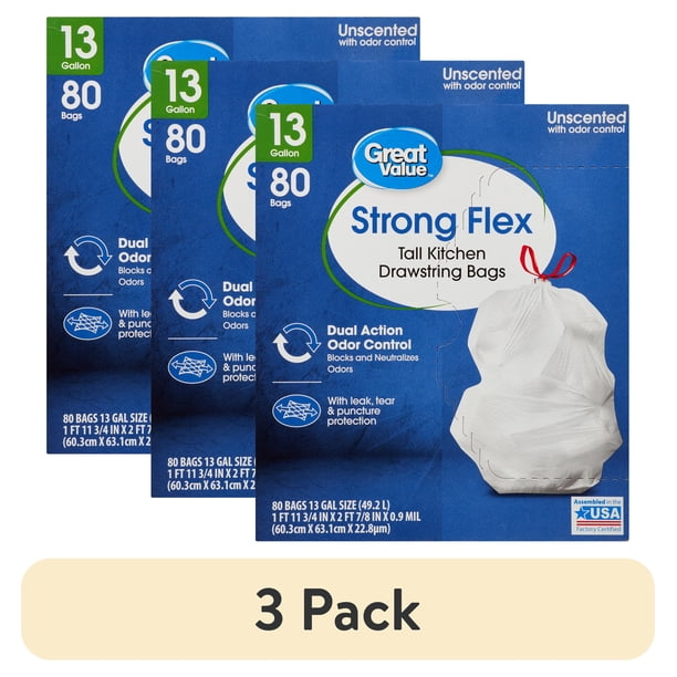 (3 pack) Great Value Strong Flex Tall Kitchen Drawstring Bags ...